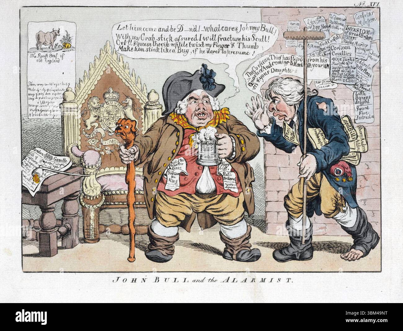 A print coloured engraving of John Bull and the Alarmist. watercolour ...
