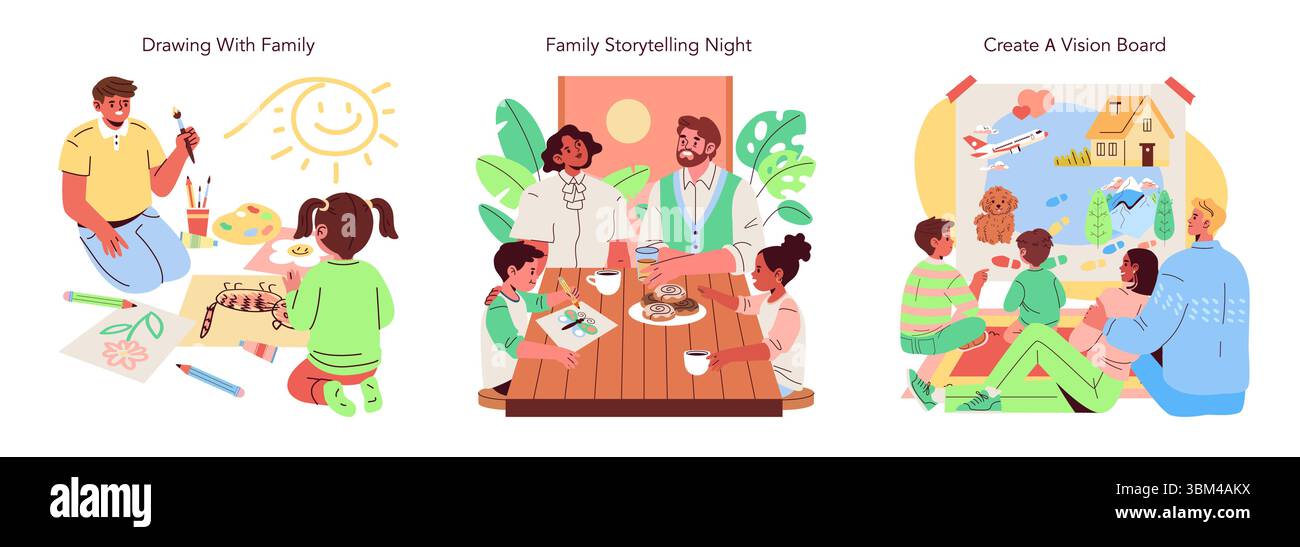 Three illustrations featuring family activities: drawing, storytelling ...