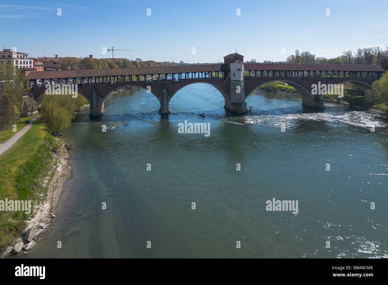 Aerial view of Ponte Coperto (Covered Bridge) crossing Ticino River. It ...
