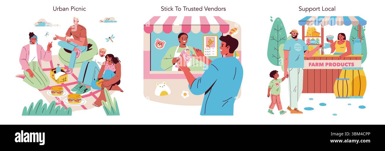 Vector illustration depicting a diverse group enjoying an urban picnic ...