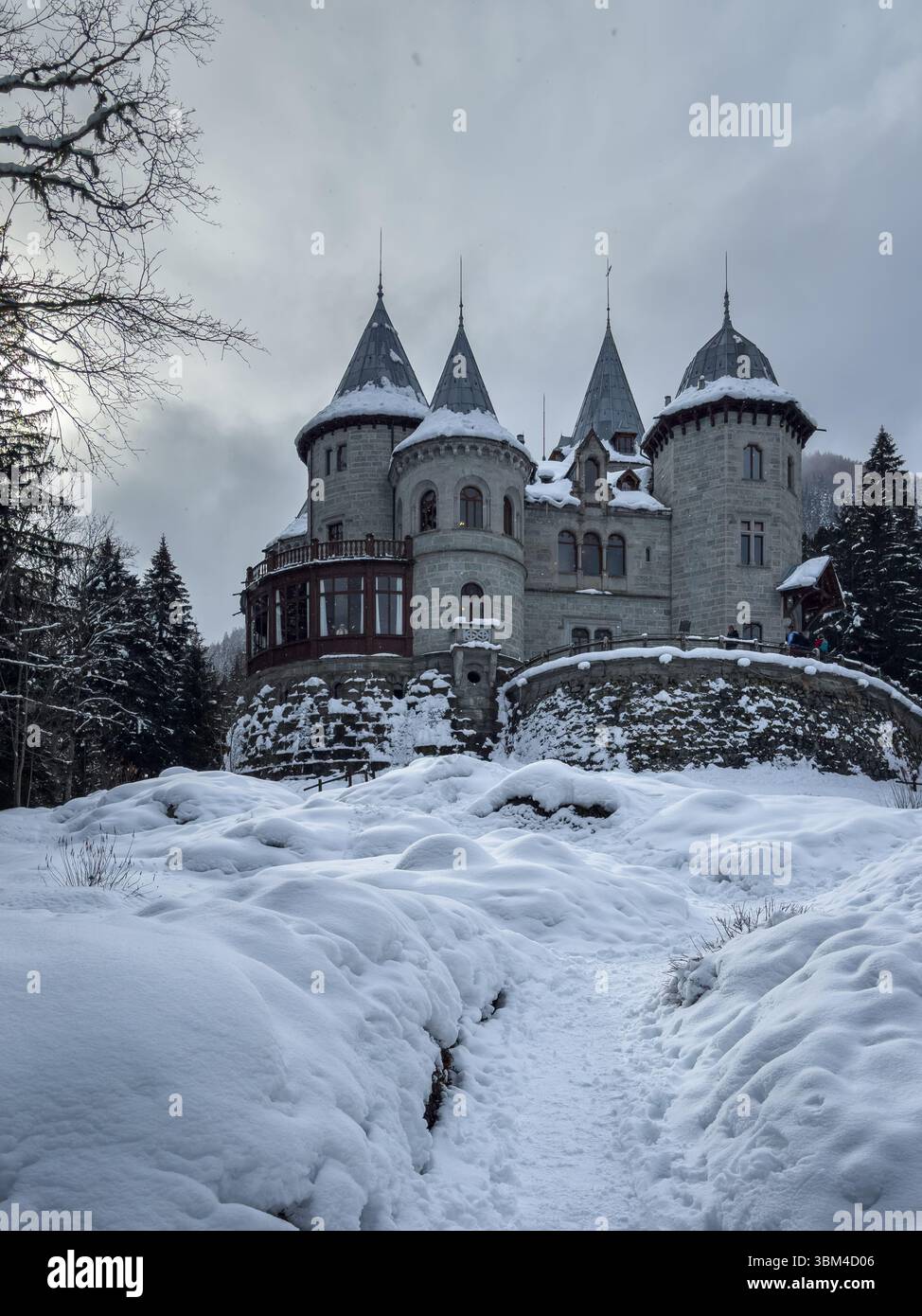 View of Castel Savoia during winter, a medieval-style castle and ...