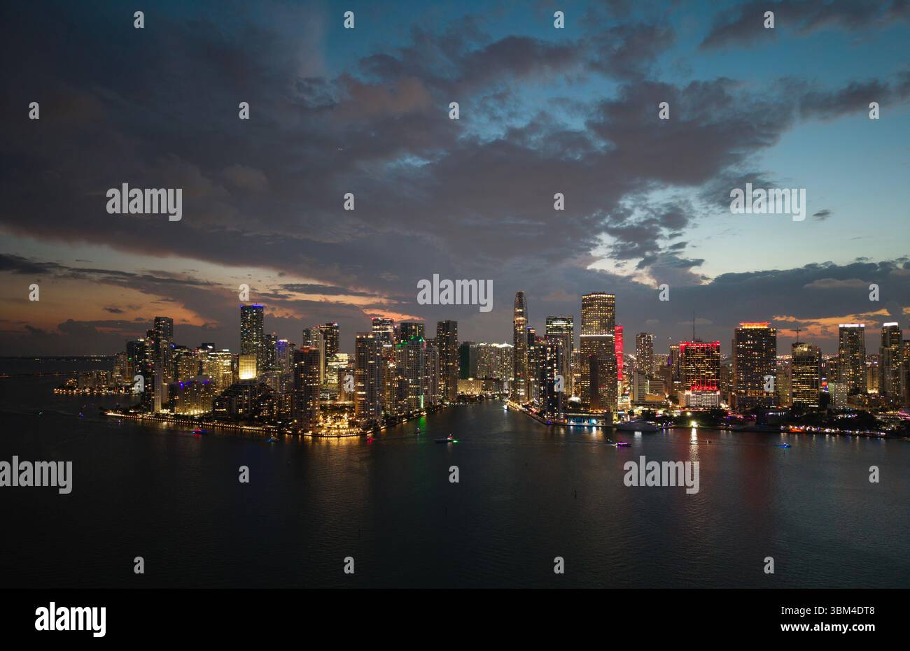 Famous landmarks of Miami Brickell from above at night. Drone view of ...