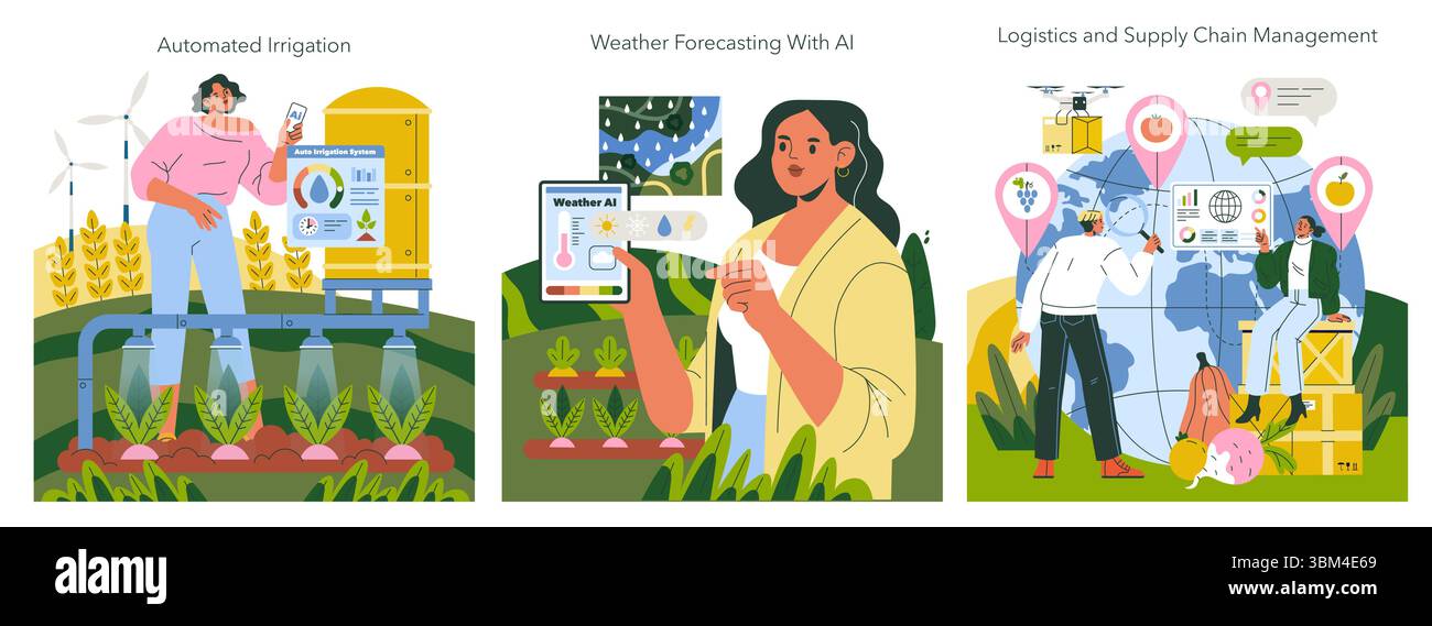 Vector illustration highlighting AI in agriculture, featuring automated ...