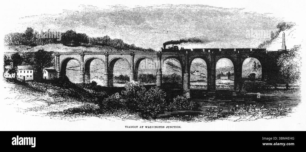 Engraving of the viaduct at Washington Junction during the American ...