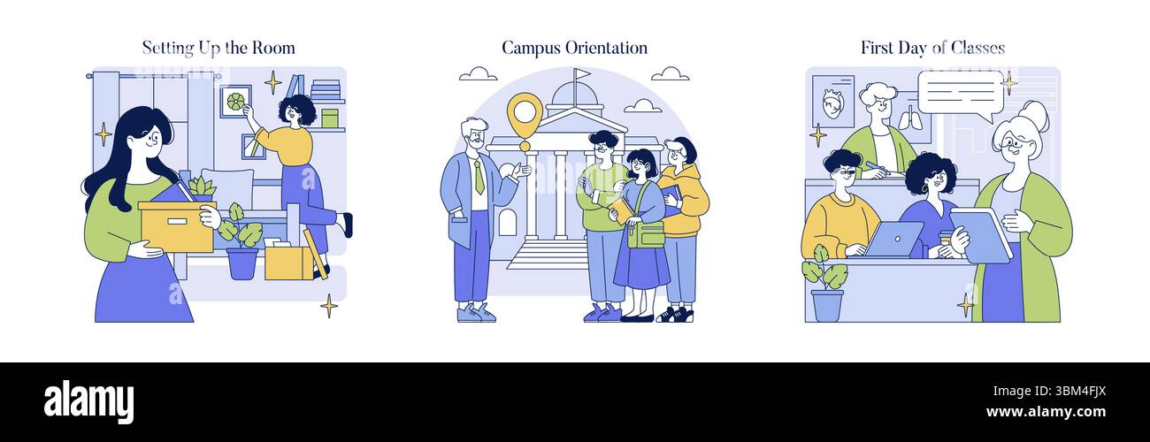 Vector illustration of students setting up dorm room, meeting for ...