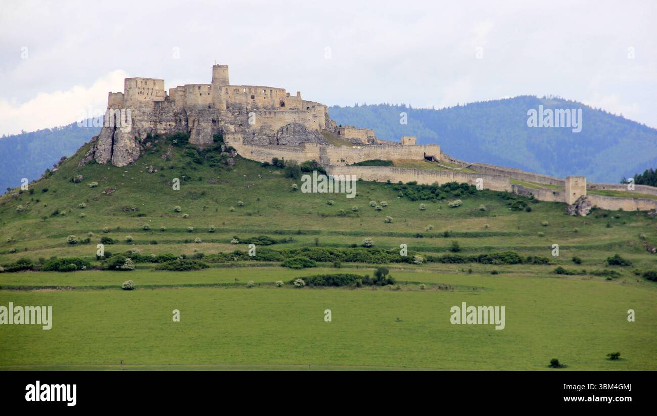 Ruins of medieval hilltop Spis Castle, surrounded by lush green fields ...