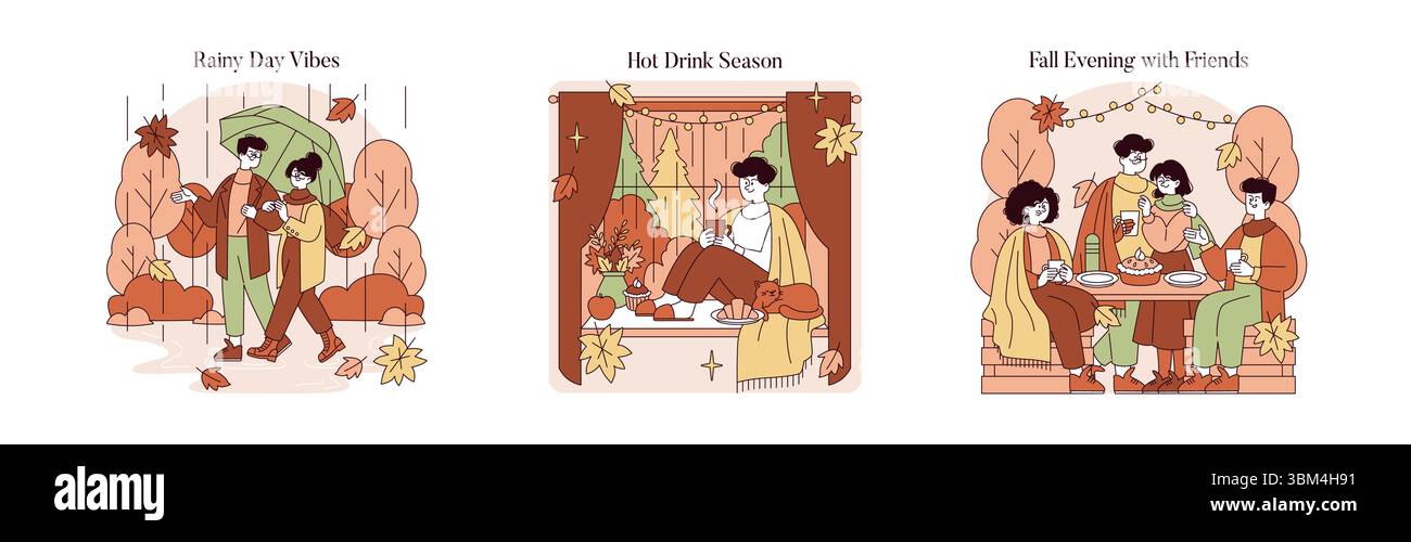 Vector illustration capturing three autumn scenes. A couple shares a ...