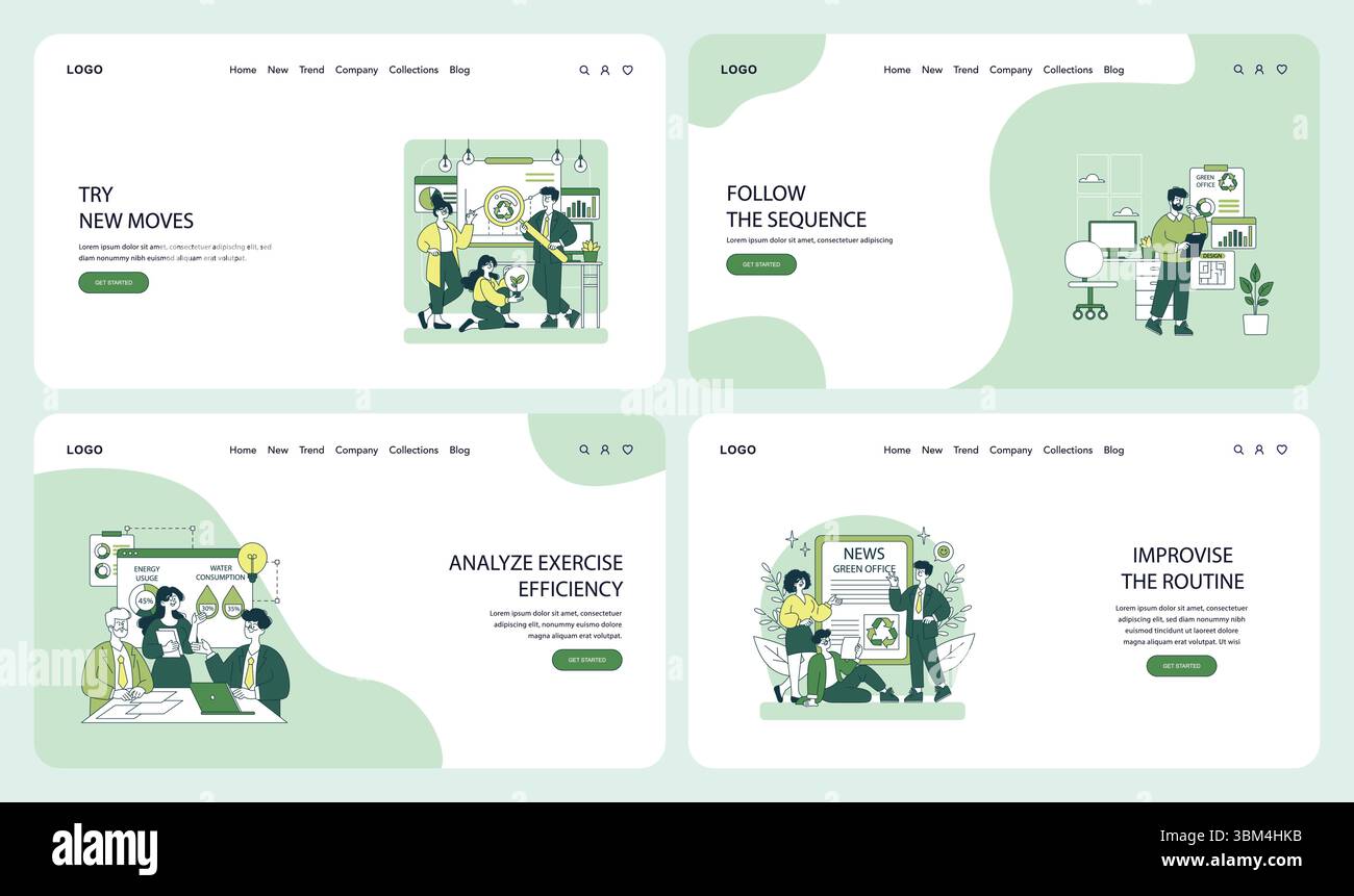 Set of vector illustrations depicting business scenarios with team ...