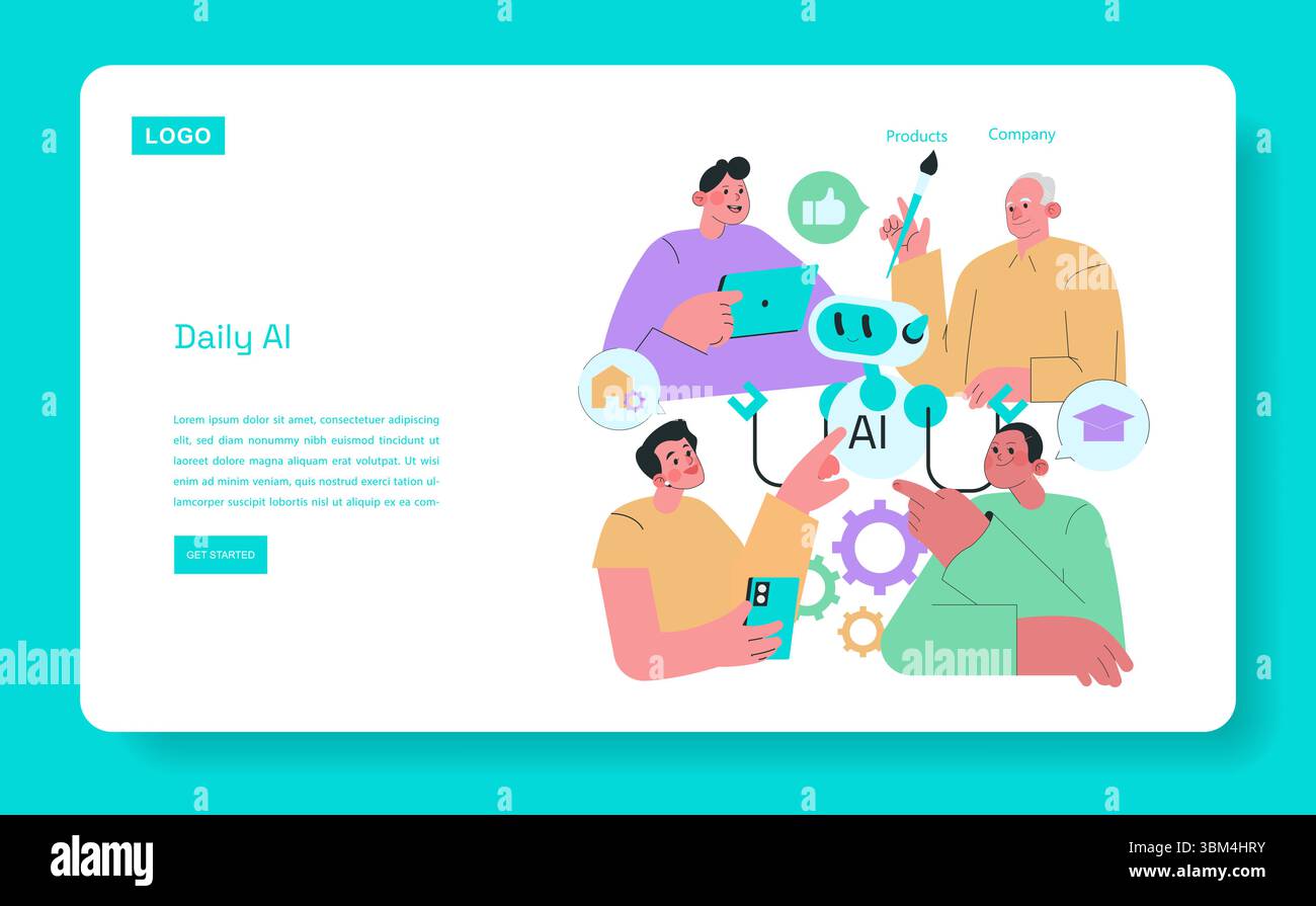 Vector illustration of diverse individuals brainstorming with AI technology. Characters engage ...