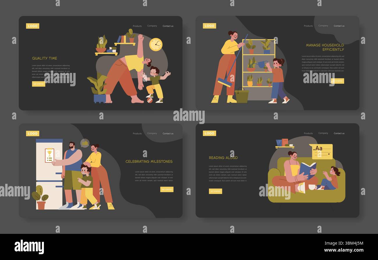 Vector illustration of a family spending quality time. Scenes include ...
