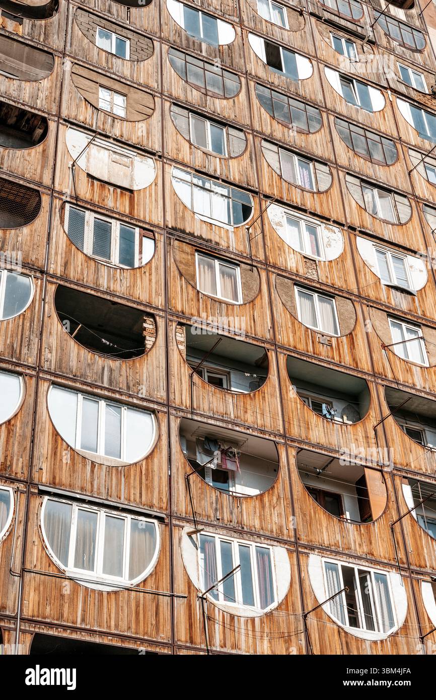Balconies from 1970s Soviet panel buildings in Tbilisi, Georgia. The ...