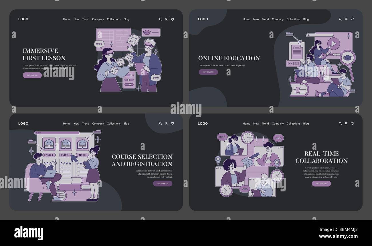 Vector illustrations depict various online education scenarios, highlighting immersive first ...