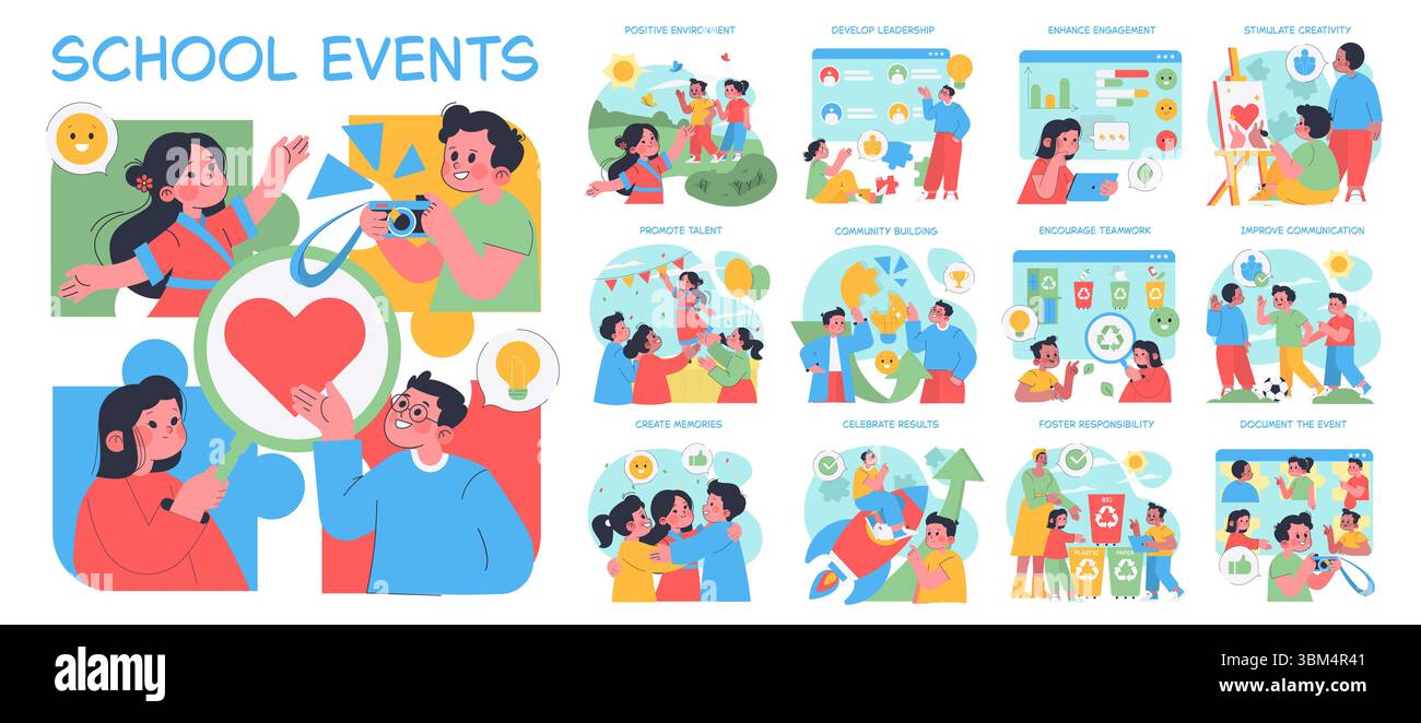 Vector illustration showing various school events with students engaged ...