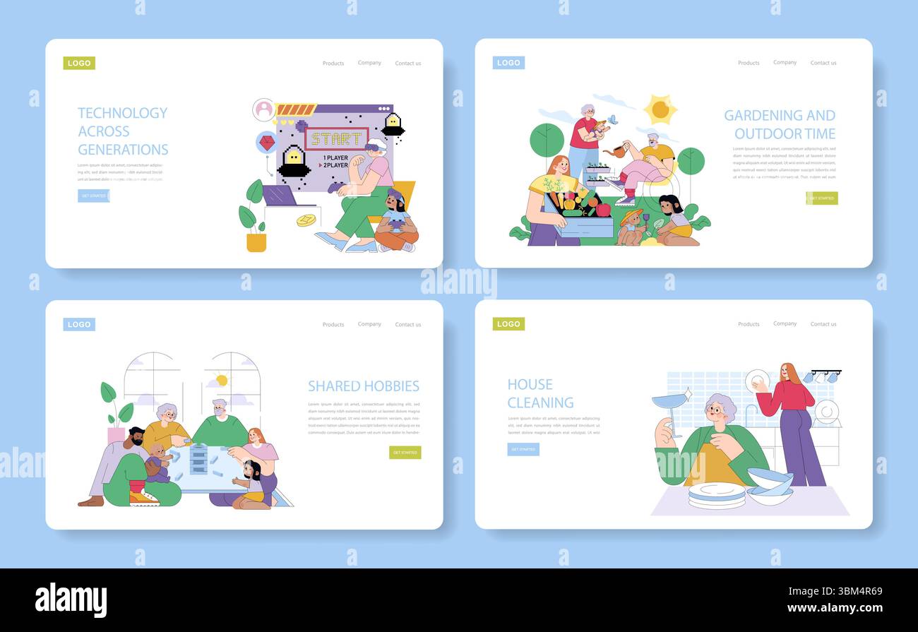 Vector illustration showing diverse activities across generations. Includes technology gaming ...