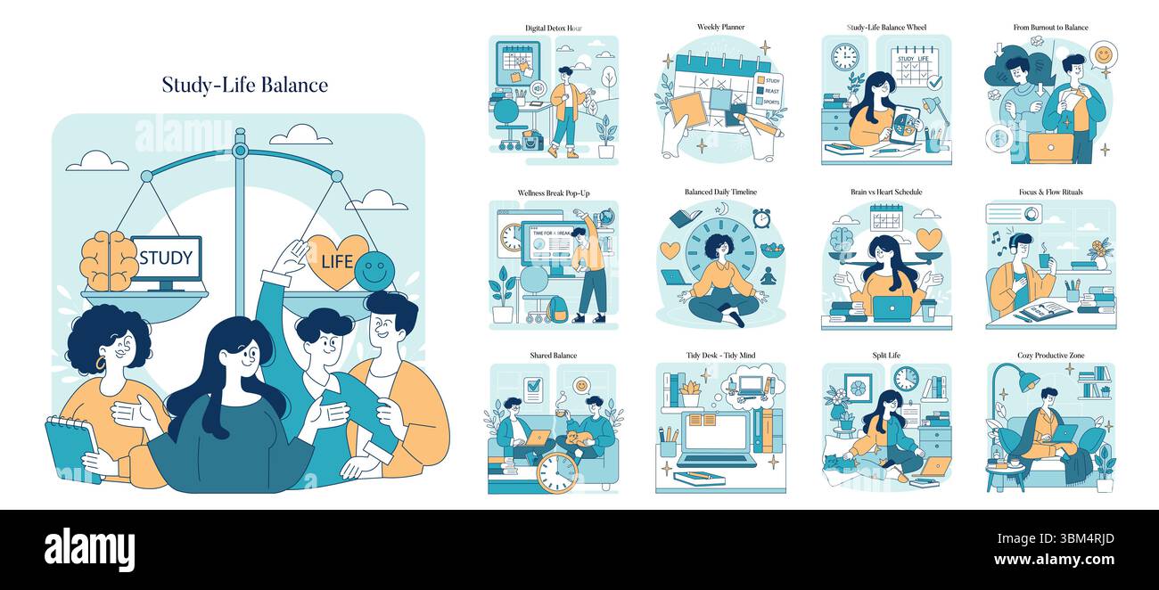 Vector illustration depicting various concepts of study-life balance ...
