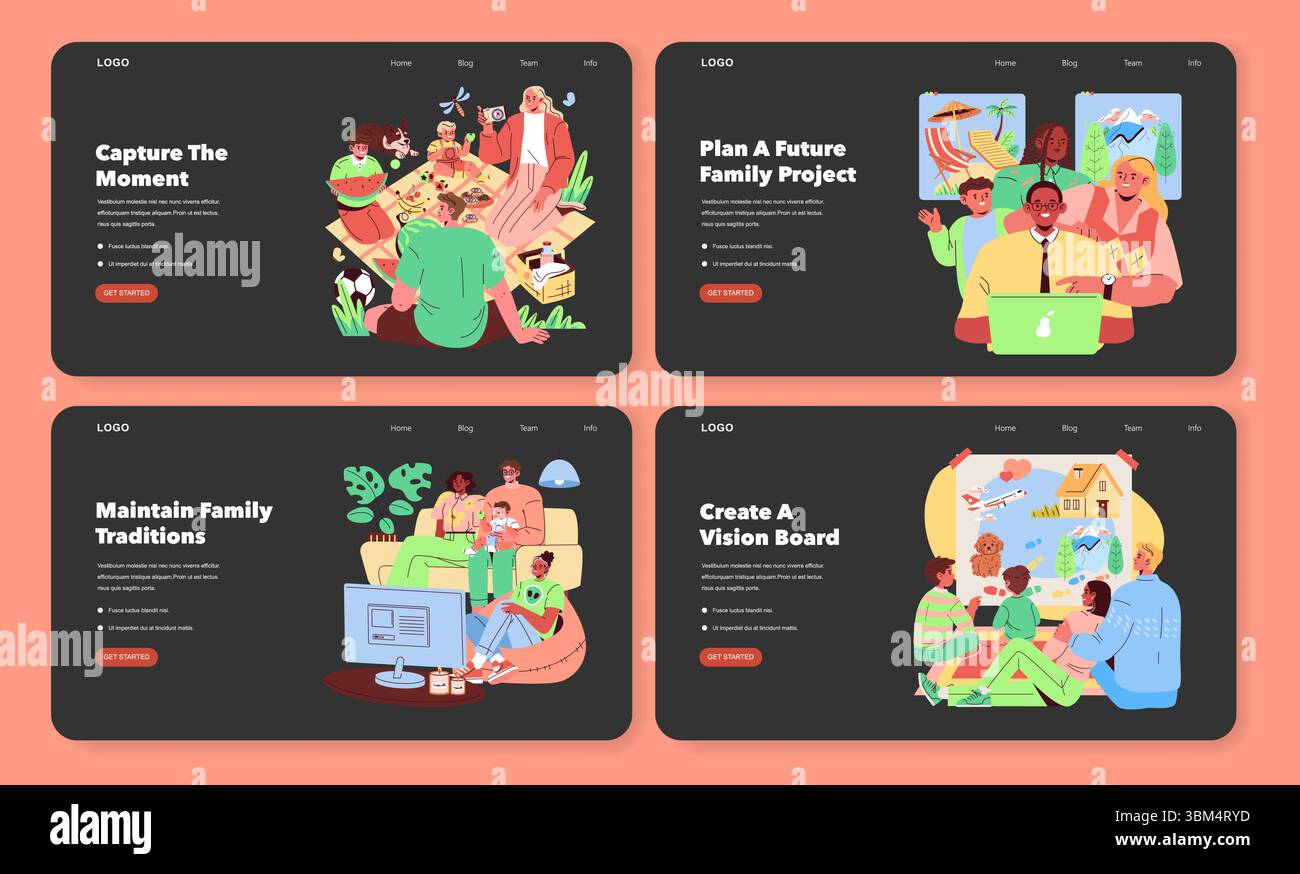 Vector illustration depicts various family activities, including ...