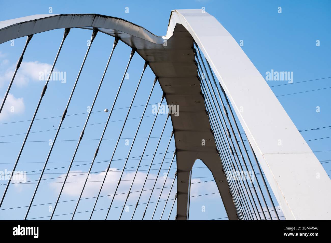 Arched cable bridge over the Albert canal in Meerhout, Antwerp Province ...