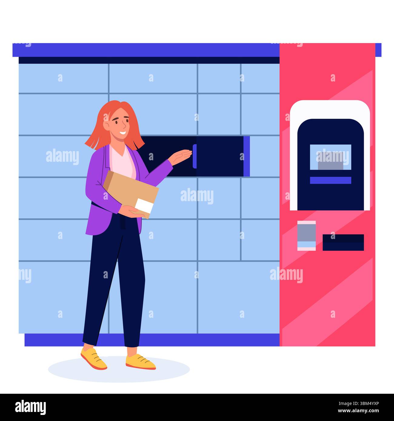 Woman receives or sends parcel in parcel locker. Vector flat cartoon ...
