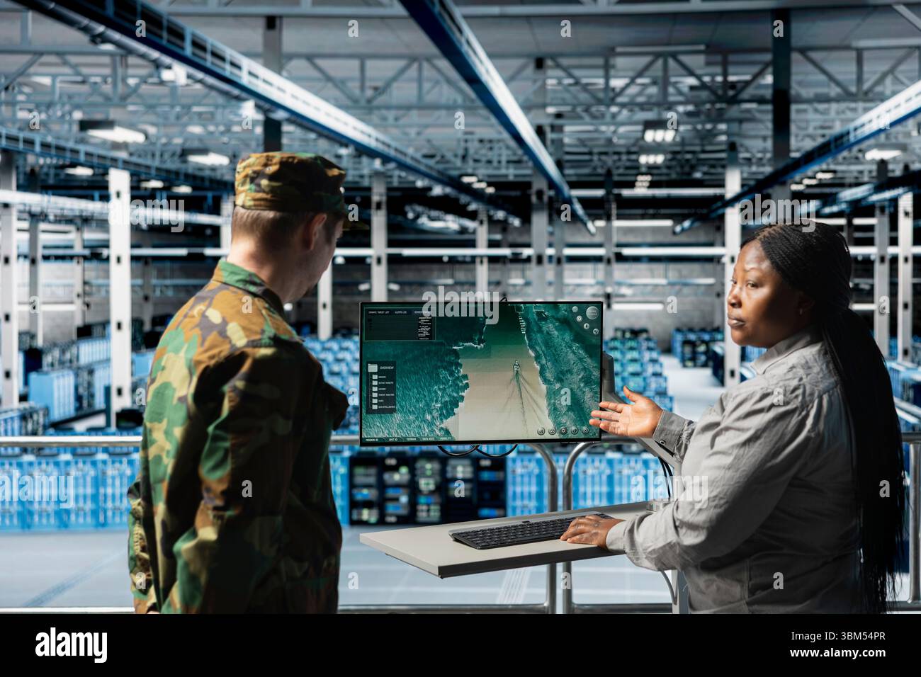 Military server hub personnel discussing target coordinates displayed ...