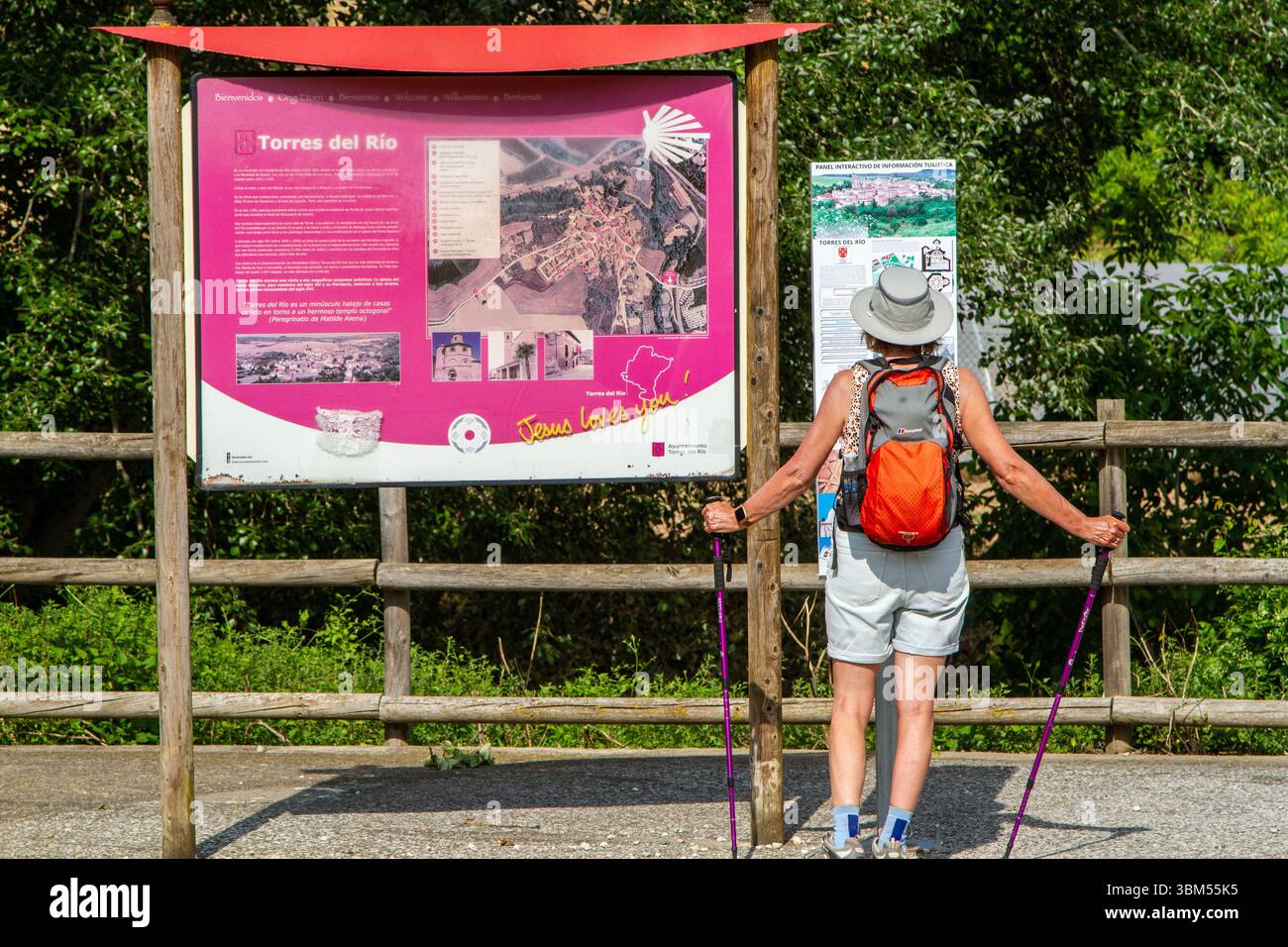 Pilgrim woman walking the Camino de Santiago the way of St James ...