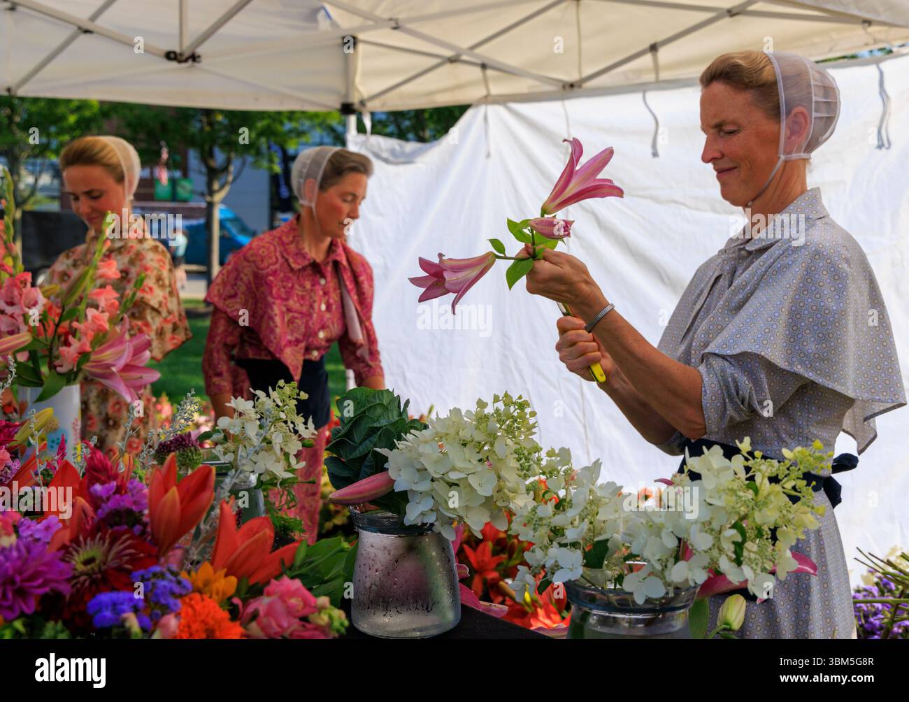 USA, Indiana, Fishers. Vendors at booth display of flowers. (Editorial ...