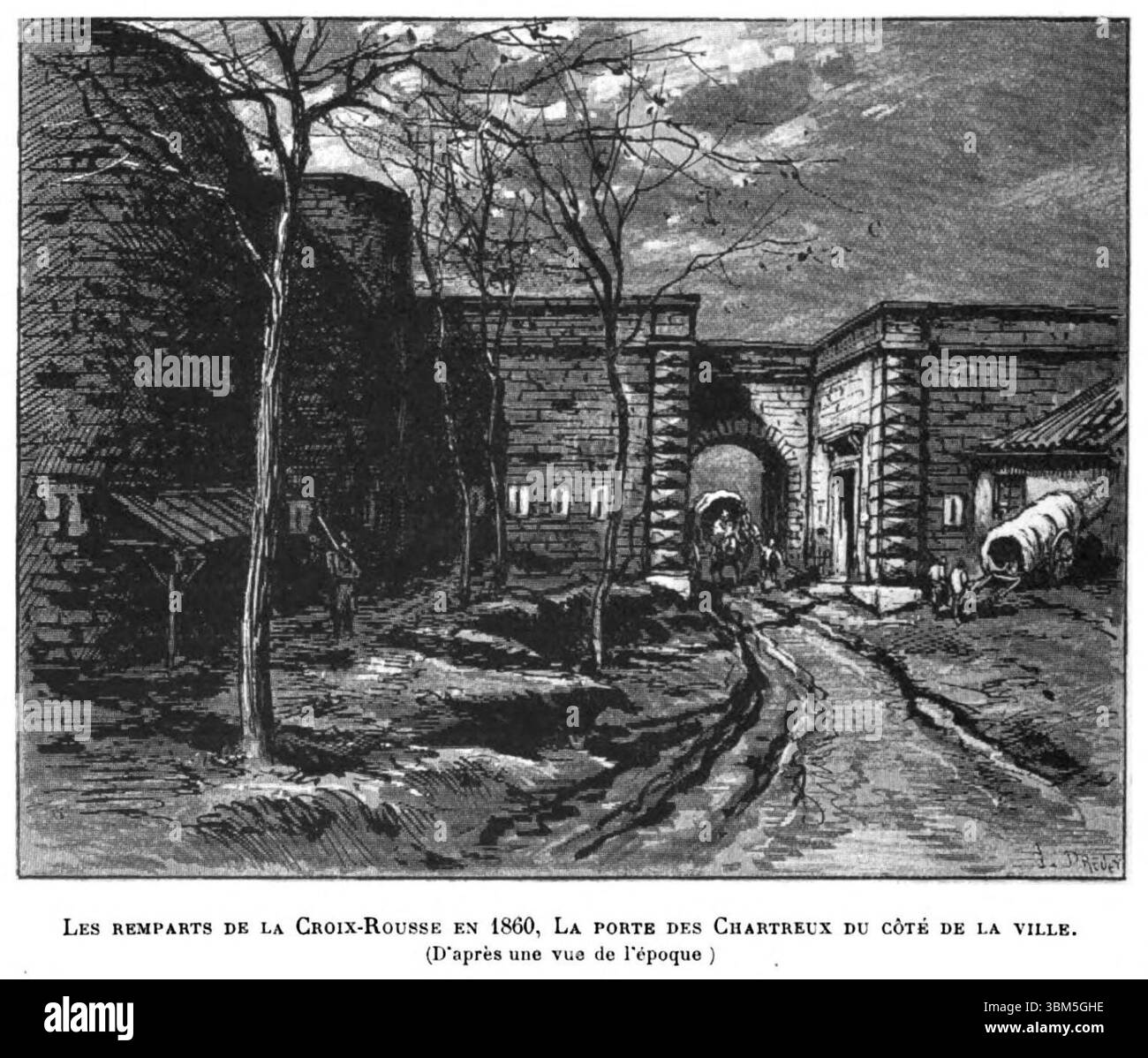 Les remparts de la Croix-Rousse en 1860. La porte des Chartreux du côté ...