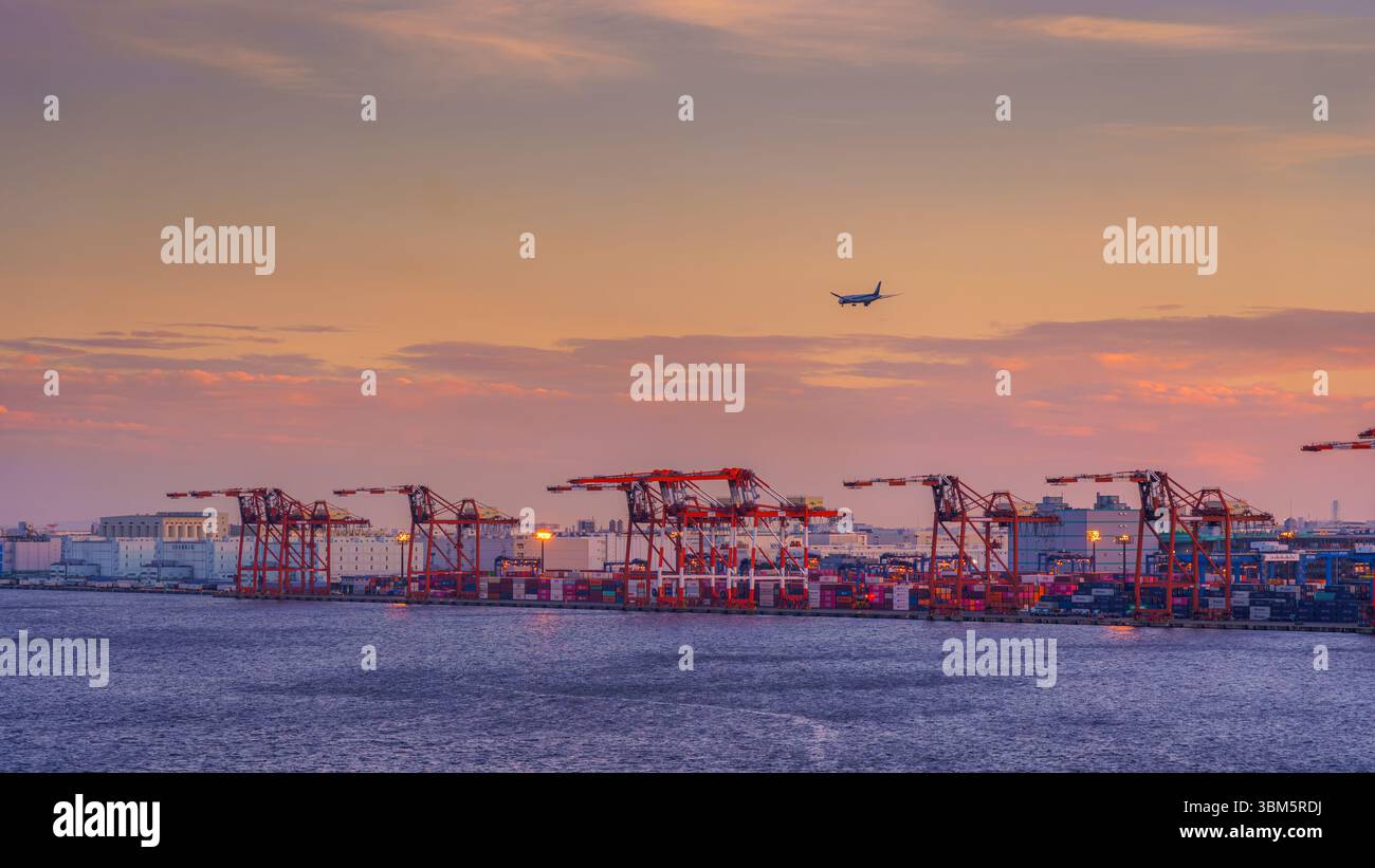 Tokyo, Japan - Oct 2 2024, Panoramic view of docks of Tokyo port with ...