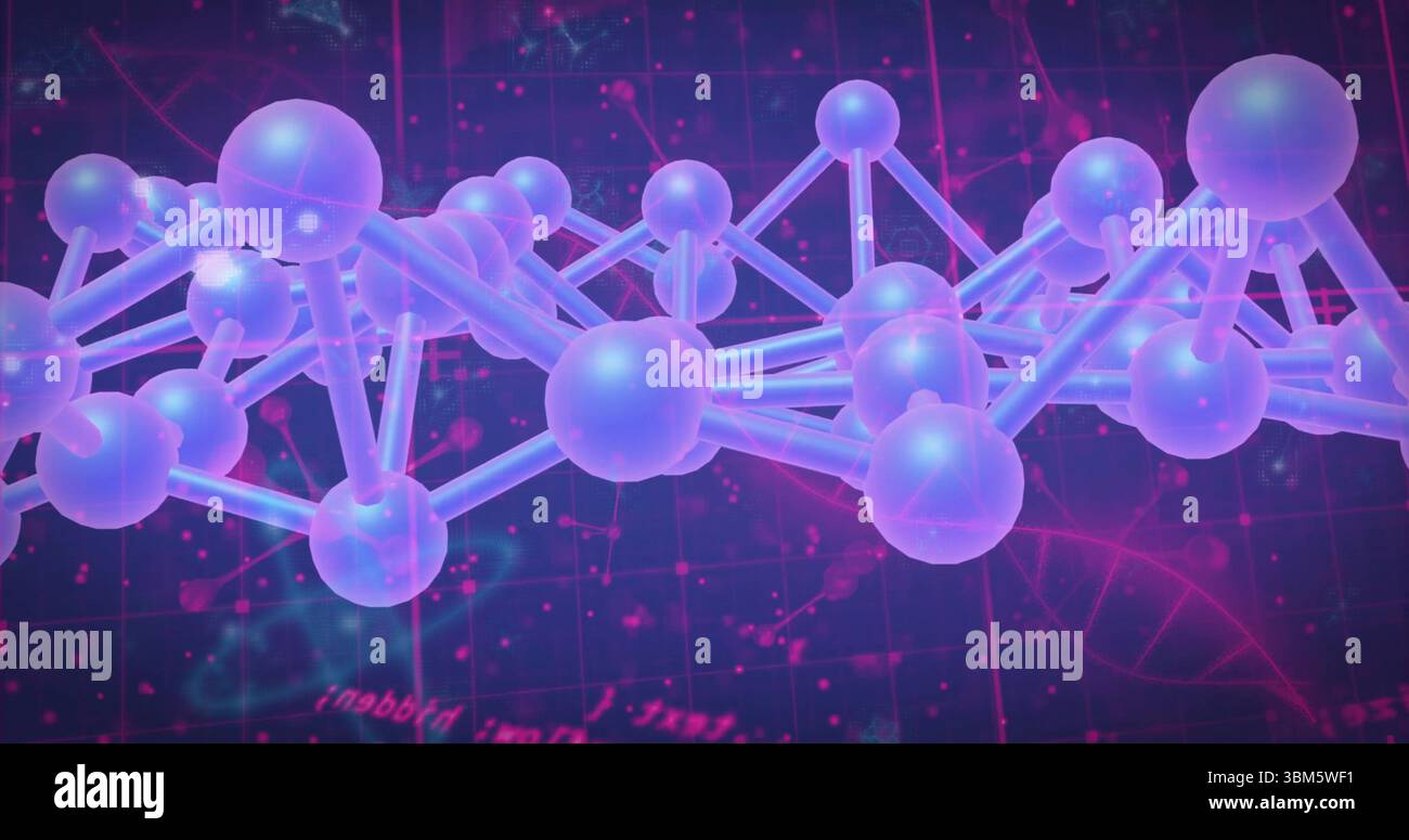 Molecule floating in lab, with spheres and rods over grid with data and ...