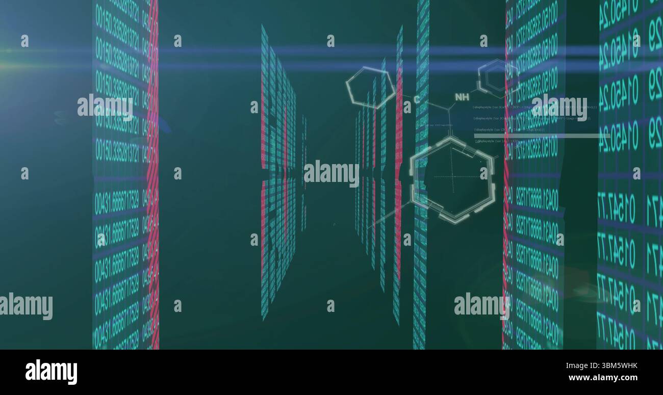 Showing panels streaming numeric, binary code in tunnel with chemical ...