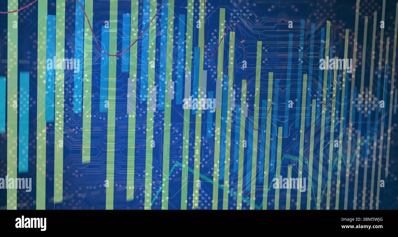 Displaying vertical bar chart glowing on digital dashboard, with node ...