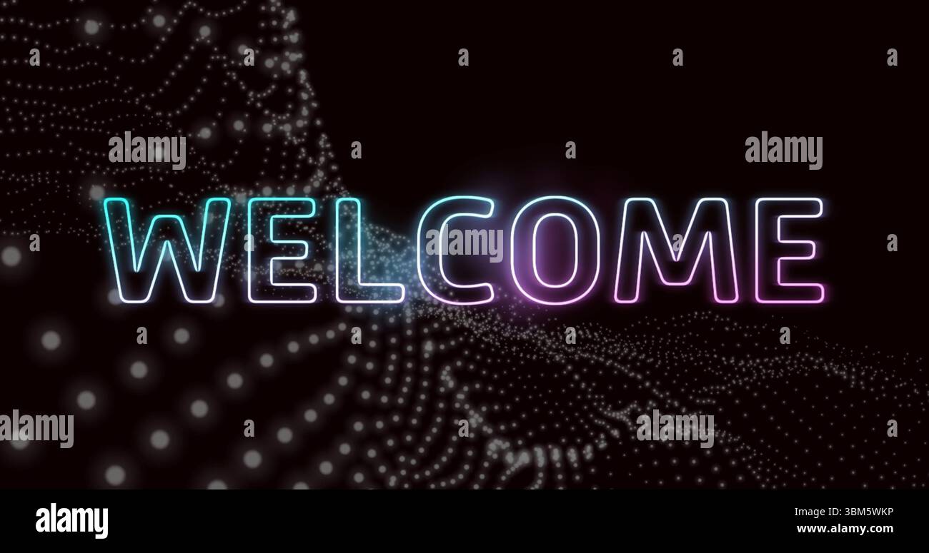 Displaying neon WELCOME text floating above particle grid in dark space ...