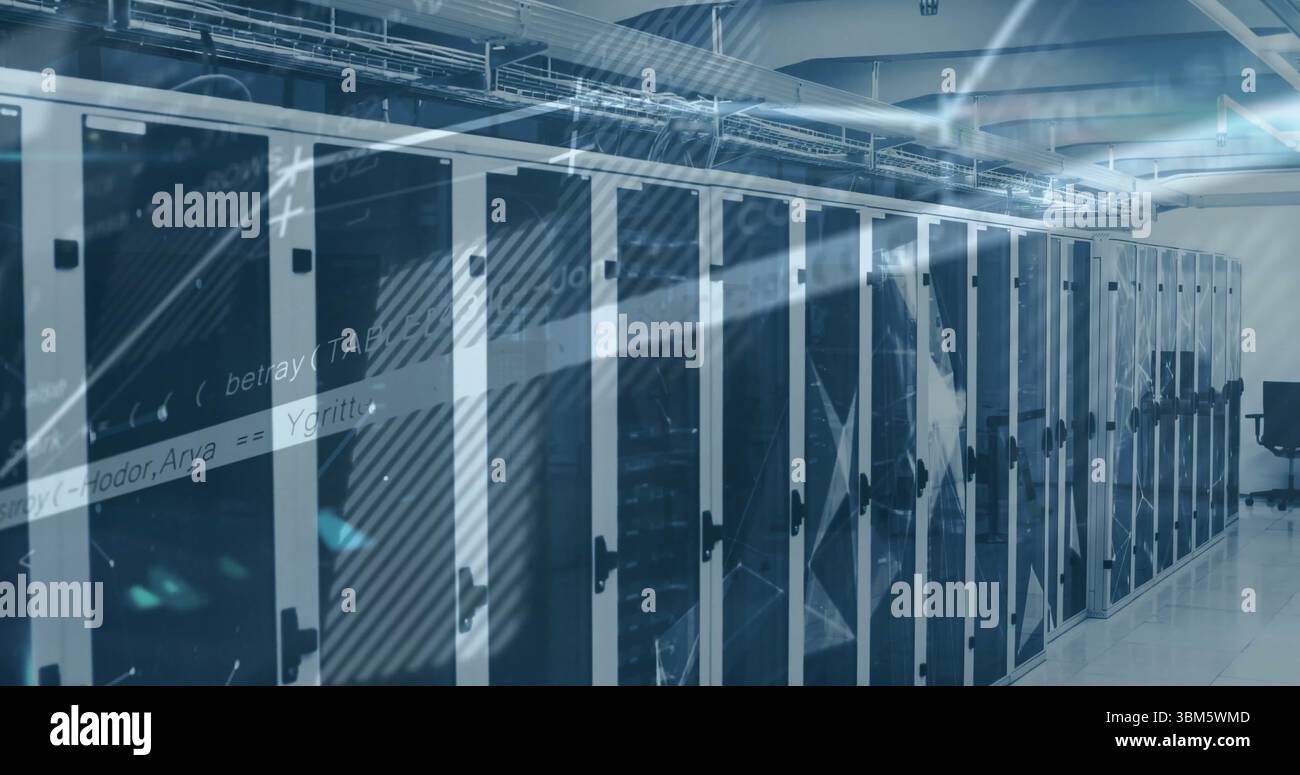 Running server cabinets cooling servers in bright data center aisle ...