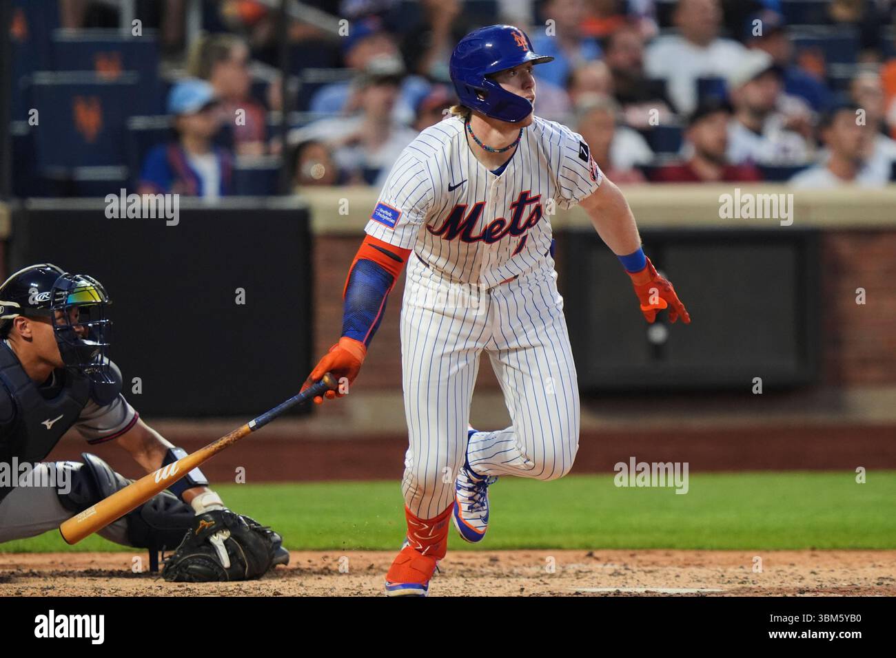 New York Mets' Brett Baty follows through on a two-run single during ...