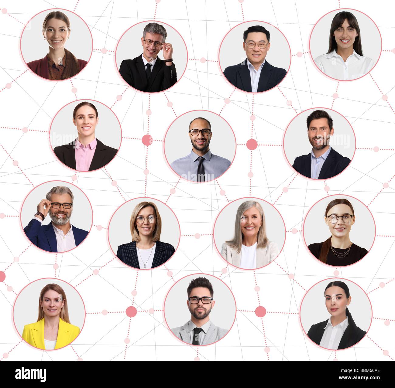 Network: business, communication, team. Circles with portraits of ...