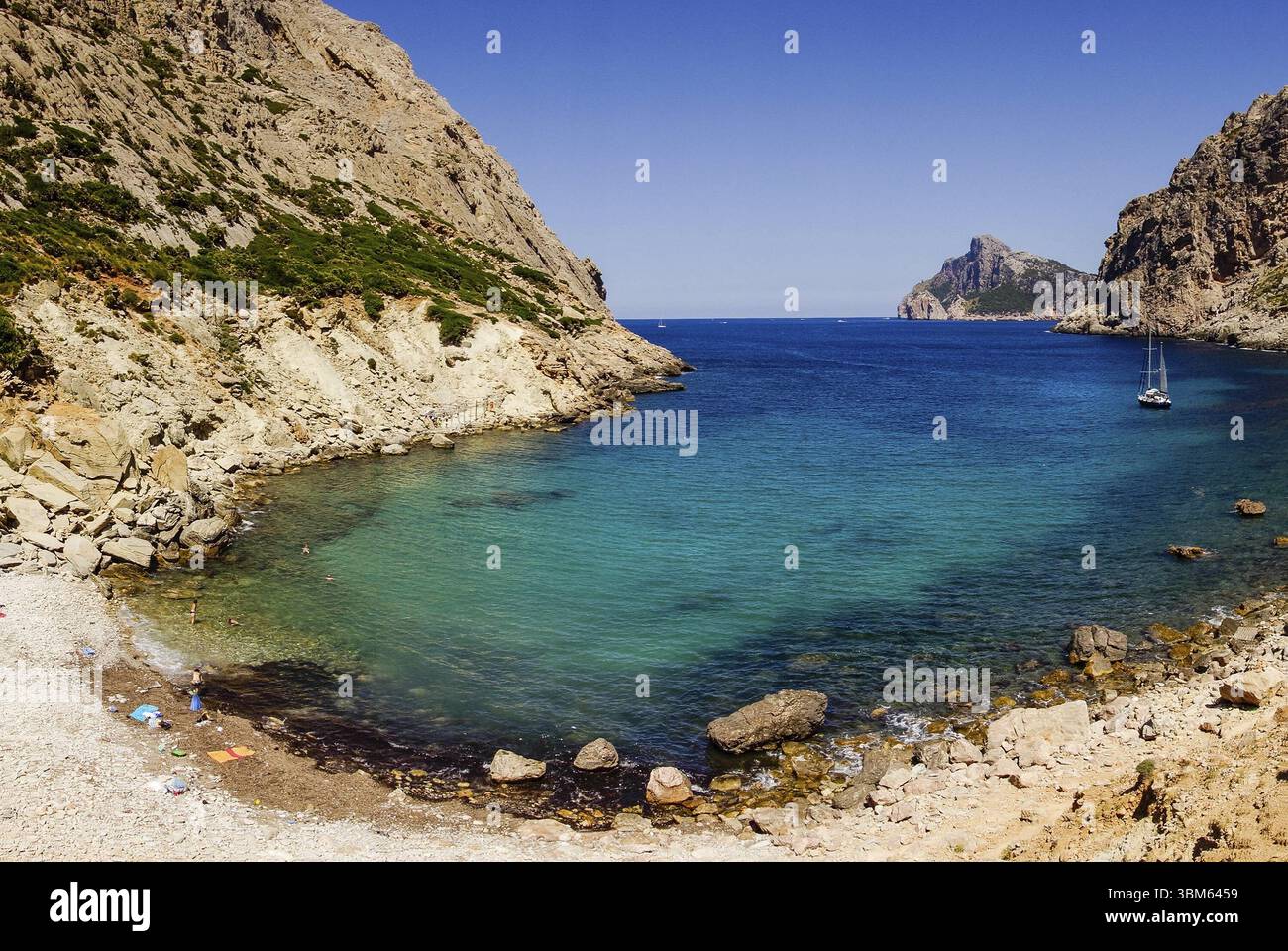 Cala Boquer beach, Formentor peninsula, Pollenca. Tramuntana mountain ...
