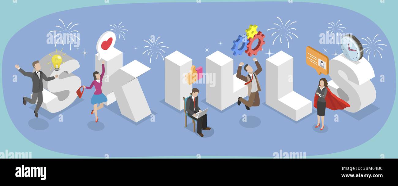 3D Isometric Flat Illustration of Skills Banner, Essential Knowledge ...