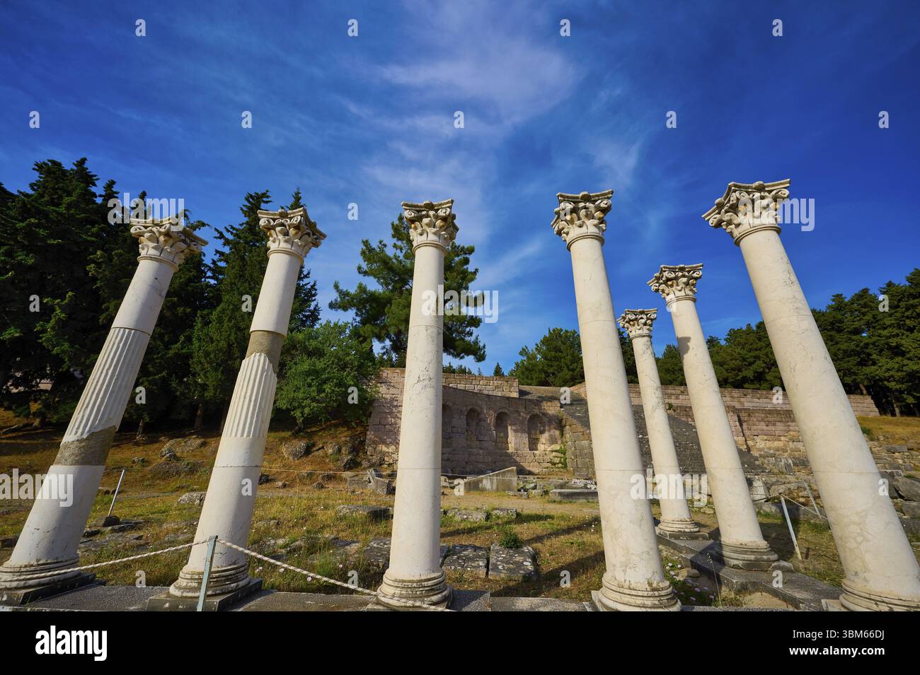 Ancient columns grouped in front of a blue sky and bulbous trees ...