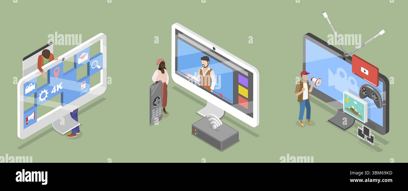 3D Isometric Flat Illustration of Streaming Video Services, Watching TV ...