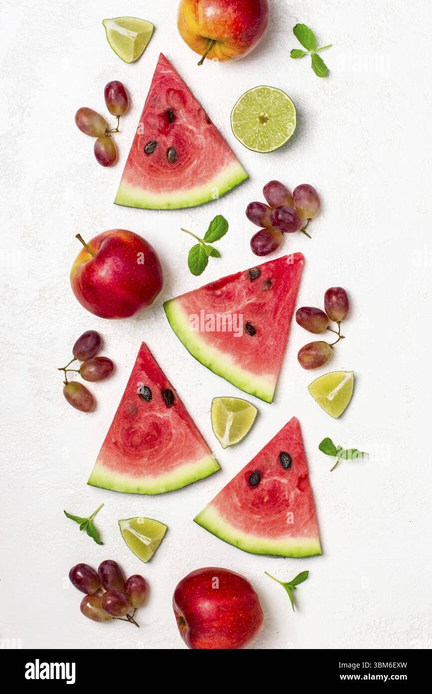 Fresh watermelon and fruits on white background. Pattern of watermelon ...