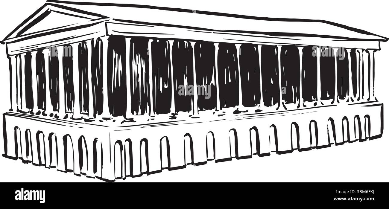 Birmingham Town Hall, England black and white ink sketch. Neoclassical ...