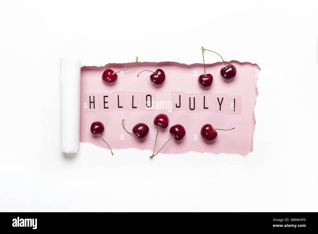 Hello July text and paper hole with cherries on pink background. Hello ...