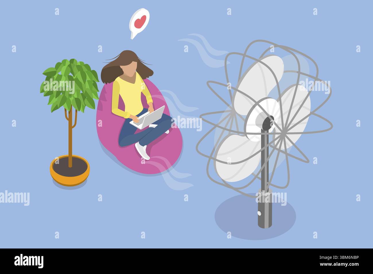 3D Isometric Flat Illustration of Enjoying Cool Wind, Breeze Blowing on ...