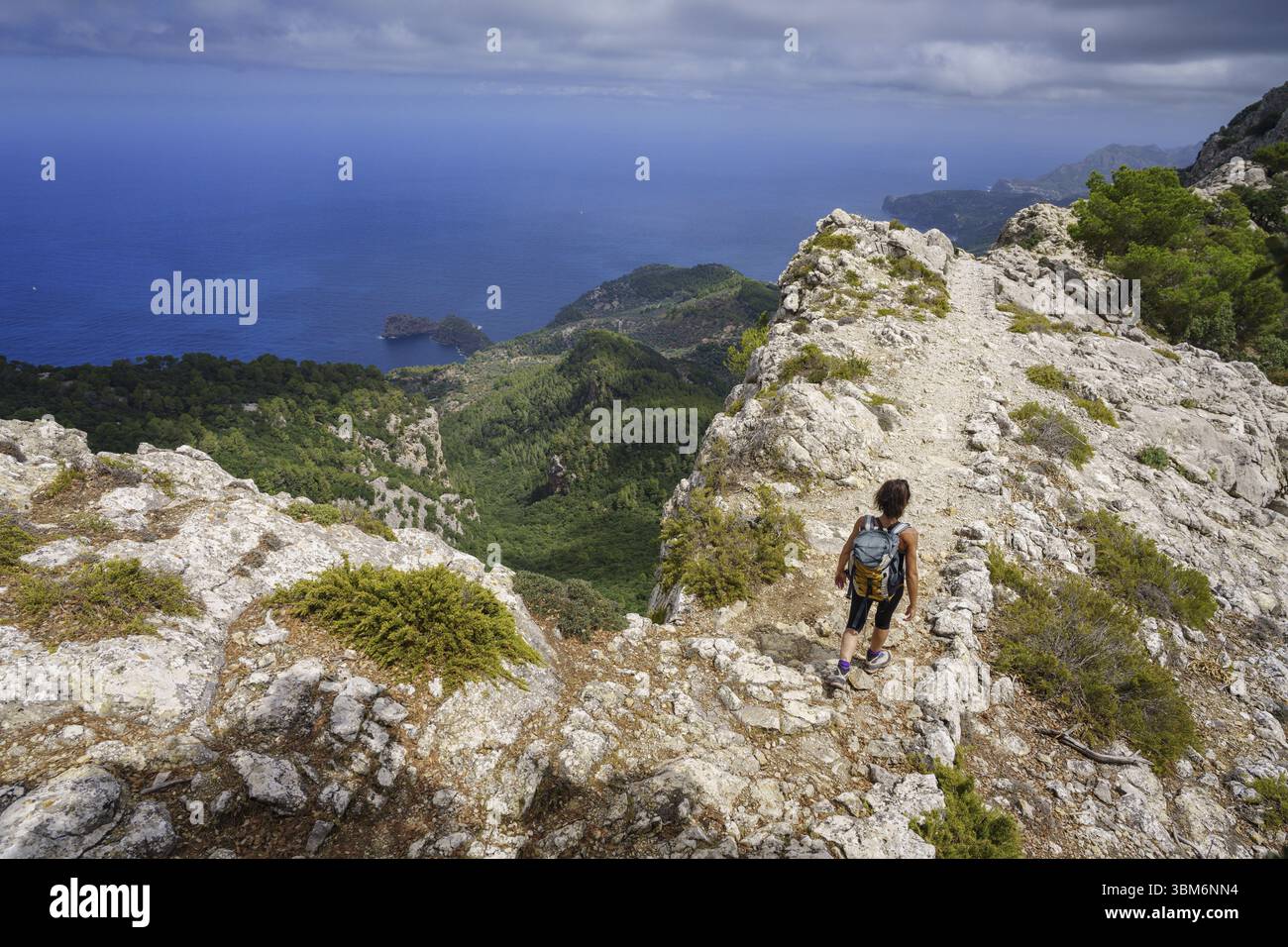 Middle-aged woman walking Cami de s'Arxiduc route, Valldemossa, Majorca ...