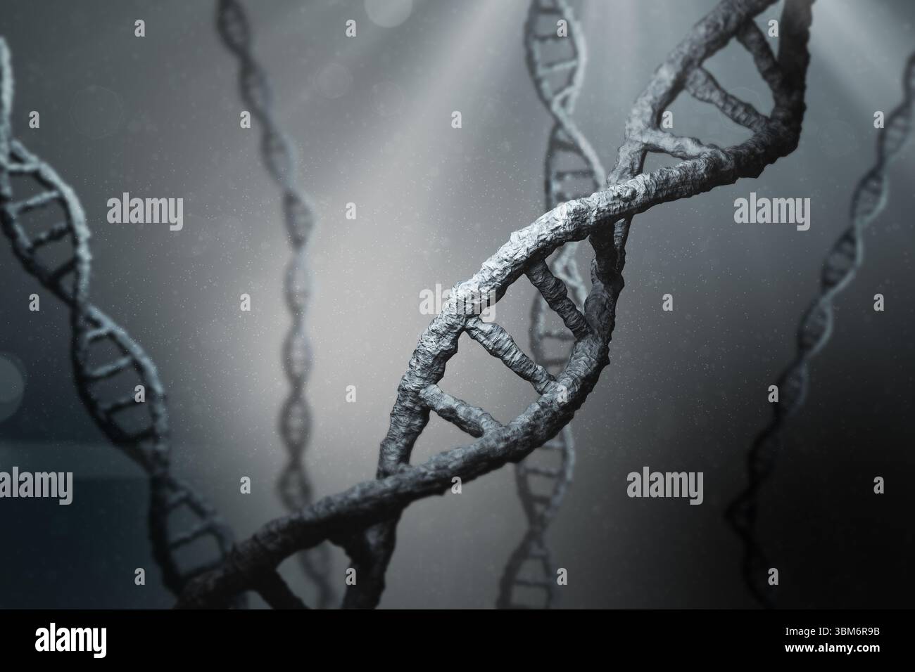 Single dark gray DNA helix floating in 3D lab visual, showing light ...