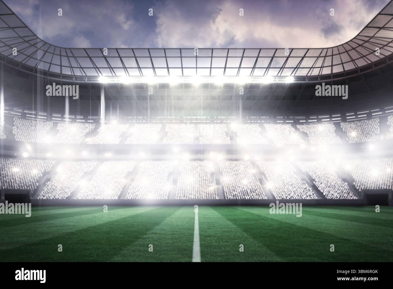 Green striped grass pitch with white center line is glowing in flat ...
