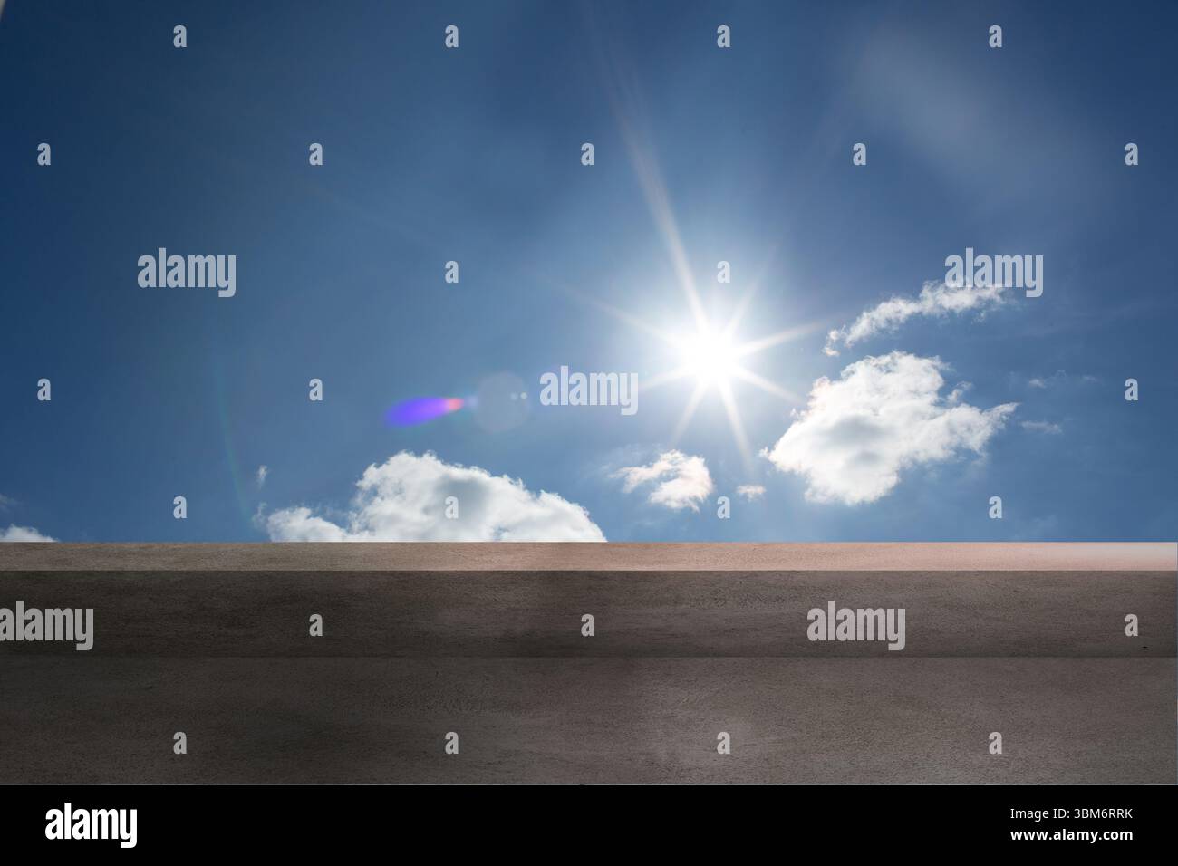 Flat design showing concrete terrace ledge framing bright sun with lens ...