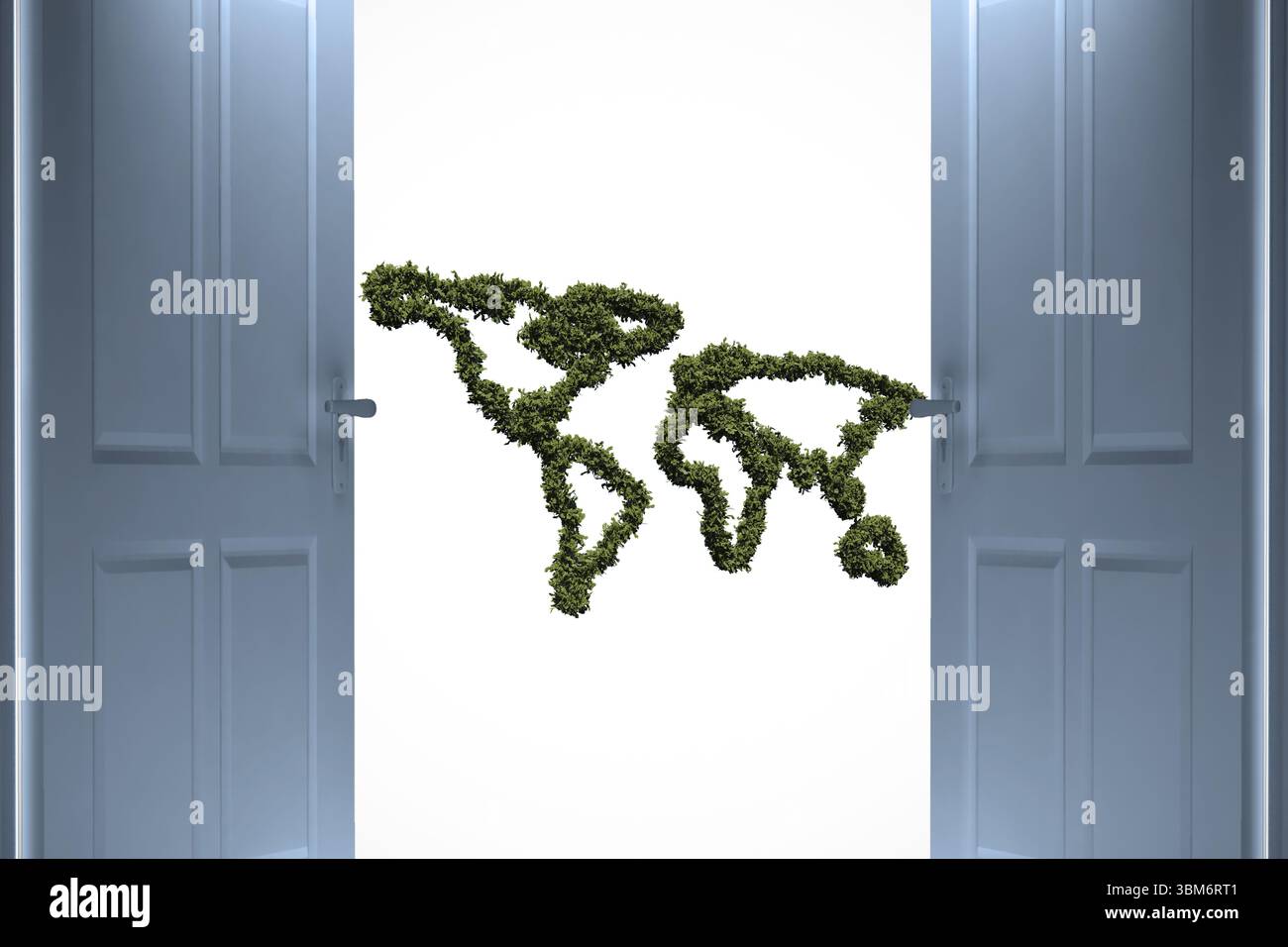 Topiary of world map seen through open door Stock Photo - Alamy