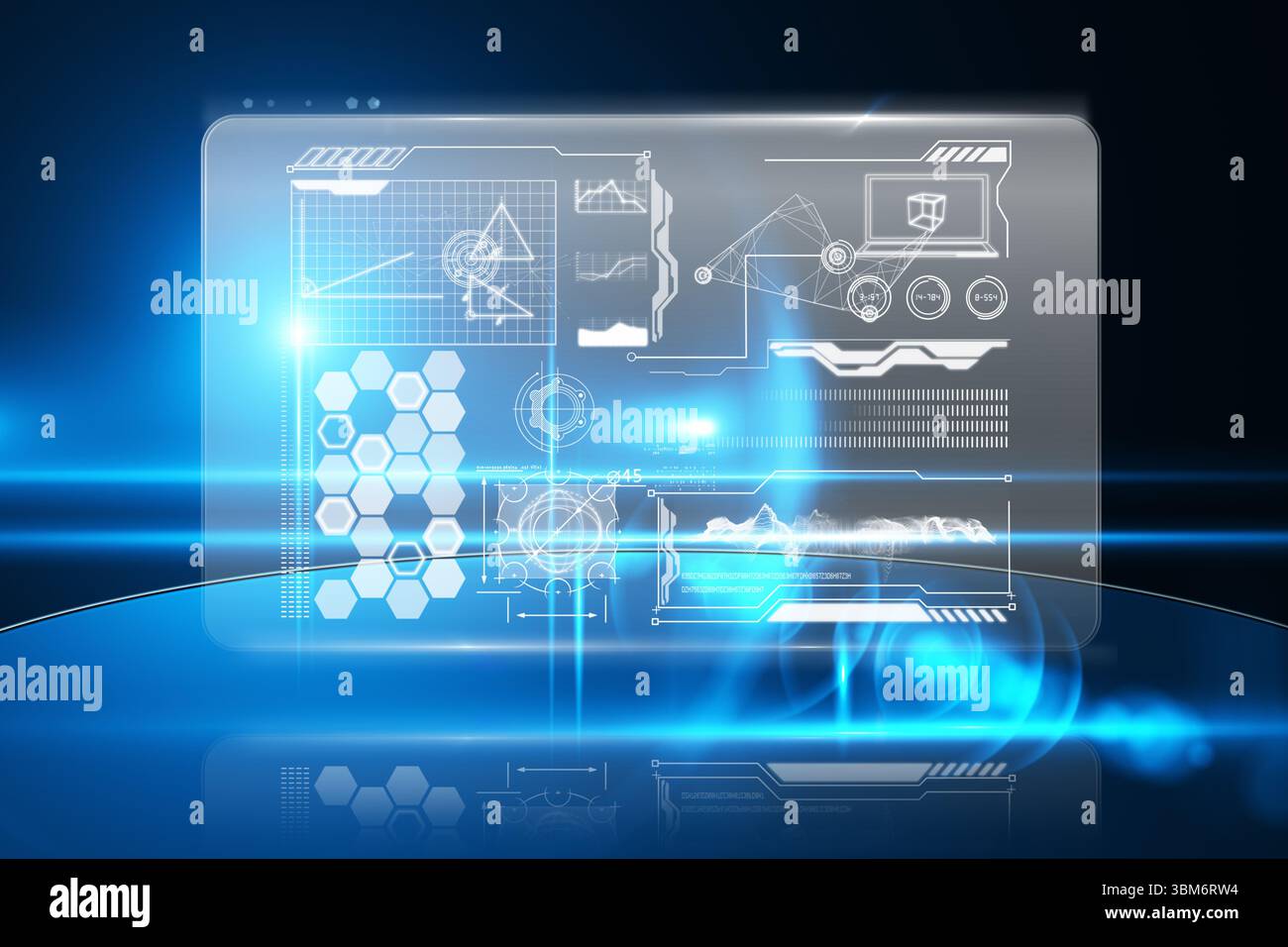 Futuristic 3D render is displaying floating translucent data panels showing hex grid and bar ...