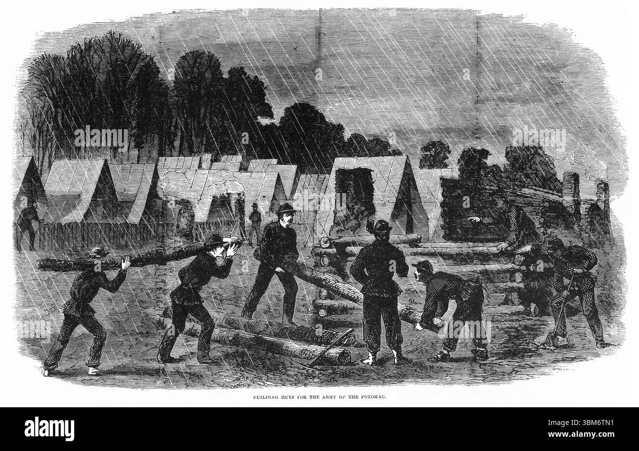 Engraving of soldiers building huts for the army of the Potomac during ...