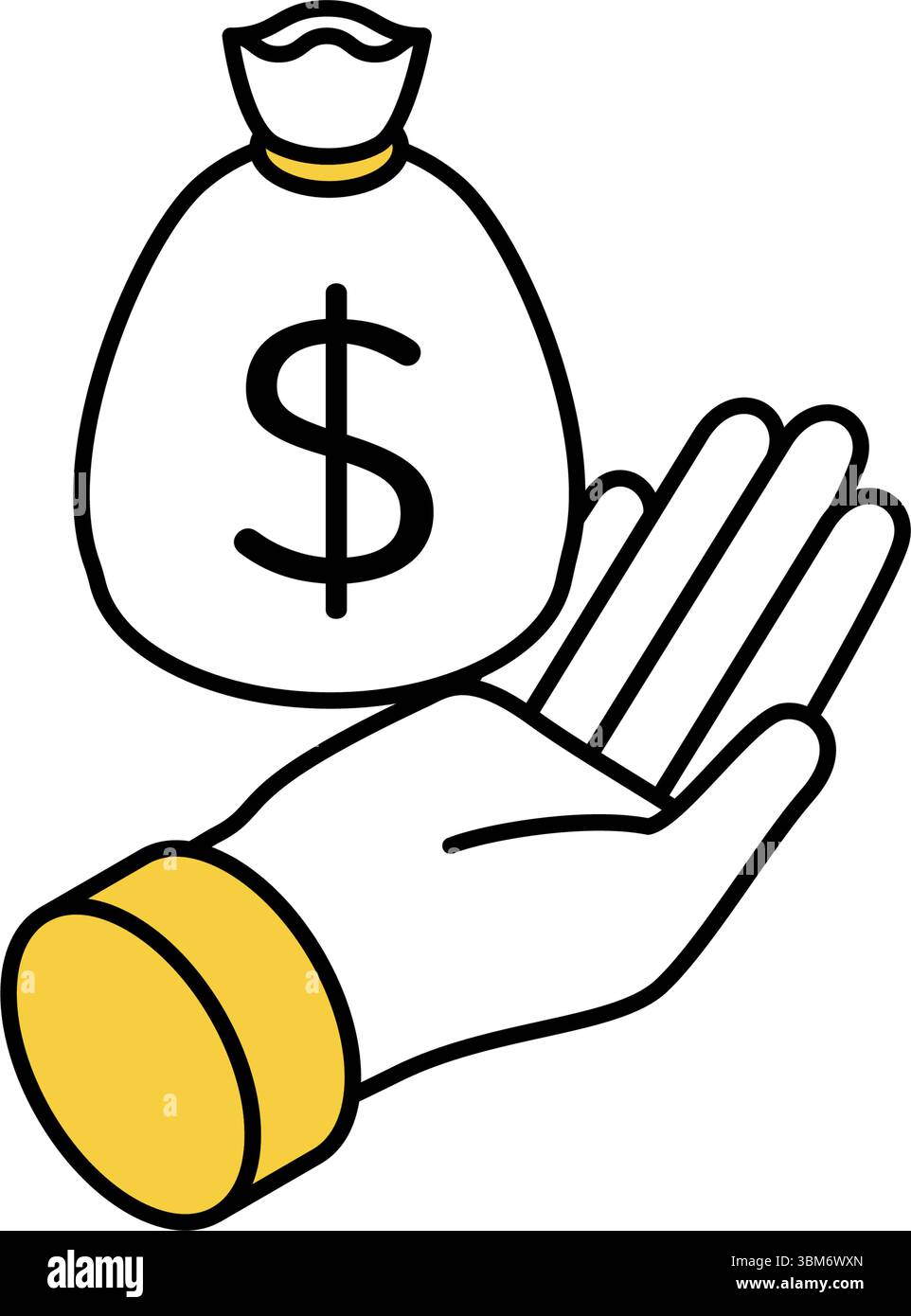 Hand holding dollar bag simple line drawing icon, isometric ...